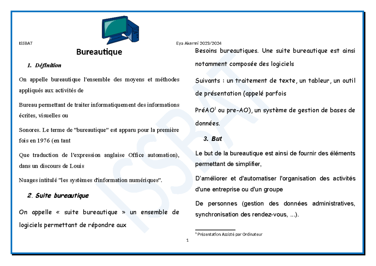 Act1 - ISSBAT Eya Akermi 2023/ Bureautique 1. Définition On appelle ...
