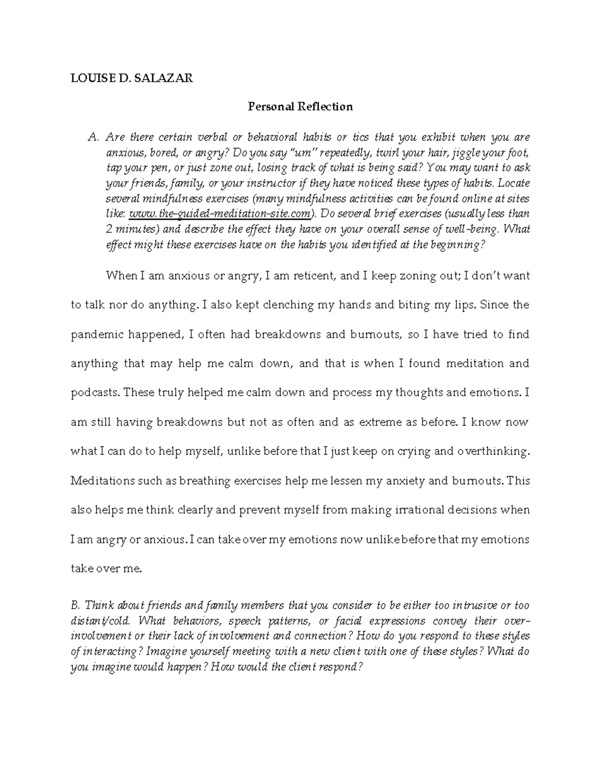 Counseling Psychology Personal Reflection - LOUISE D. SALAZAR Personal ...