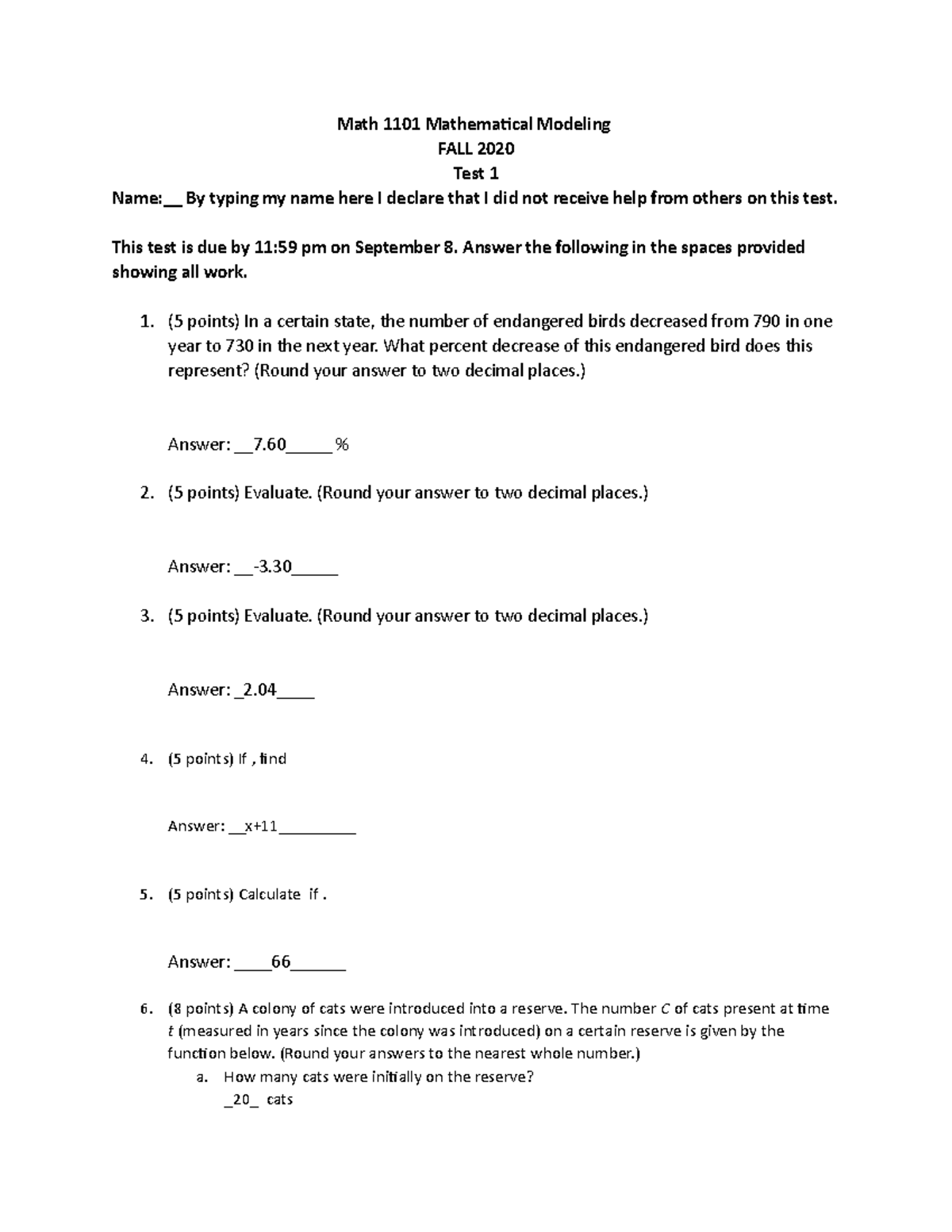 Math 1101 Test 1 FALL TEST N07 2020 - Math 1101 Mathematical Modeling ...