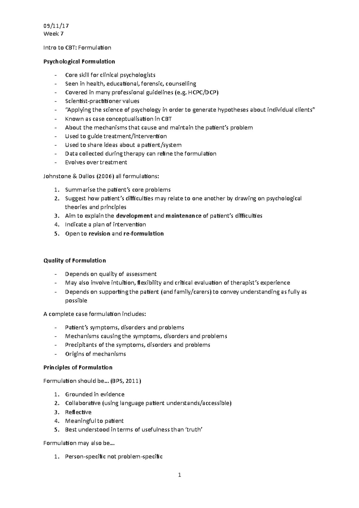 Seminar 4 Formulation - Lecture notes 4 - Week 7 Intro to CBT ...
