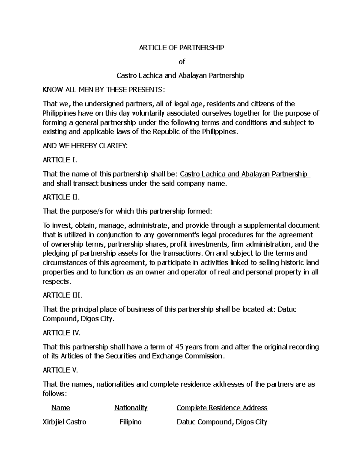 Articles of Partnership - ARTICLE OF PARTNERSHIP of Castro Lachica and ...
