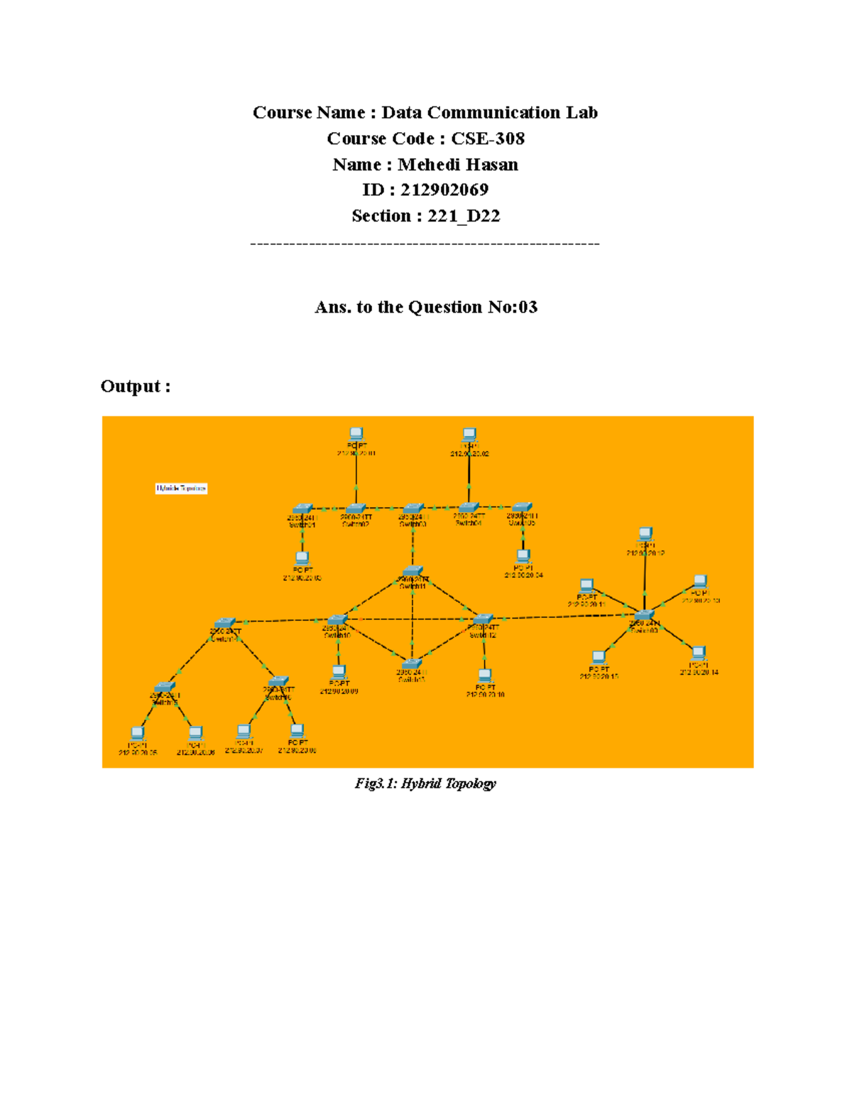 Hybride topology - Computer Networking Lab - Course Name : Data Communication Lab Course Code ...