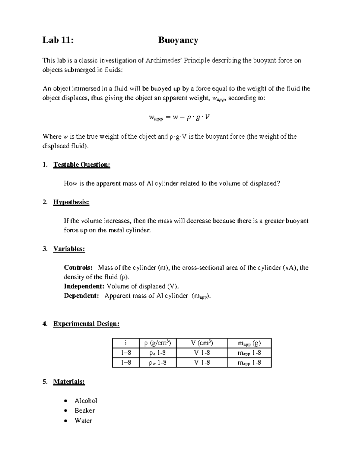 PHY111L Lab 11 Buoyancy 3 - Lab 11: Buoyancy This lab is a classic ...
