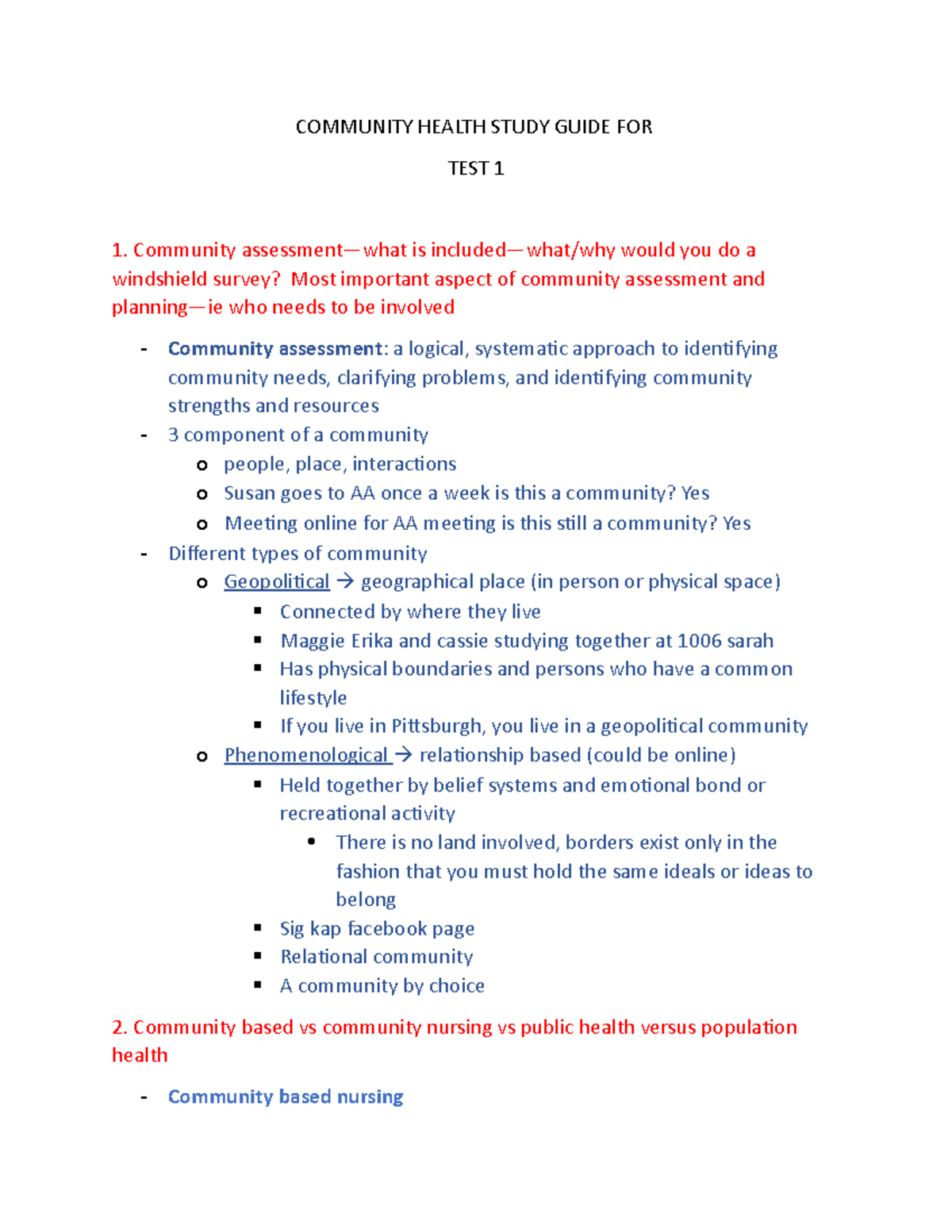 Population exam 1 - COMMUNITY HEALTH STUDY GUIDE FOR TEST 1 Community ...