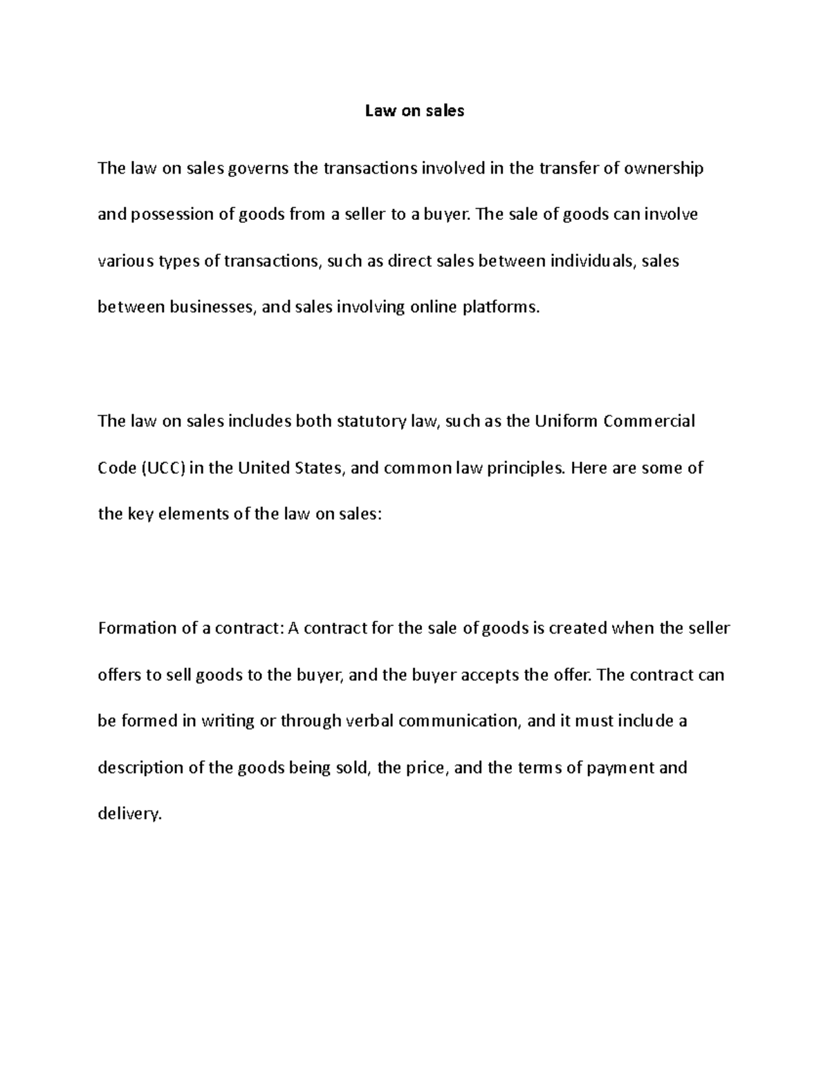 LAW ON Sales - Law on sales The law on sales governs the transactions ...