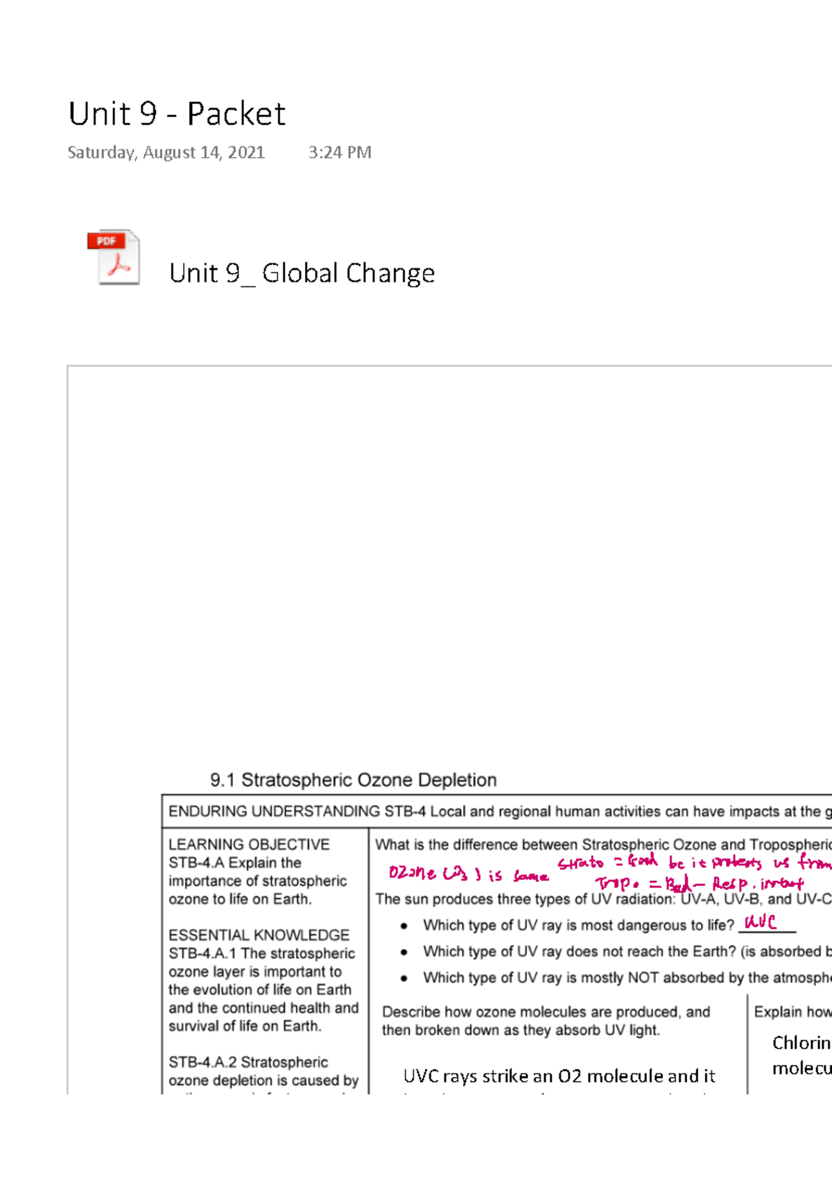 Unit 9 - Packet - Unit 9_ Global Change UVC rays strike an O2 molecule ...