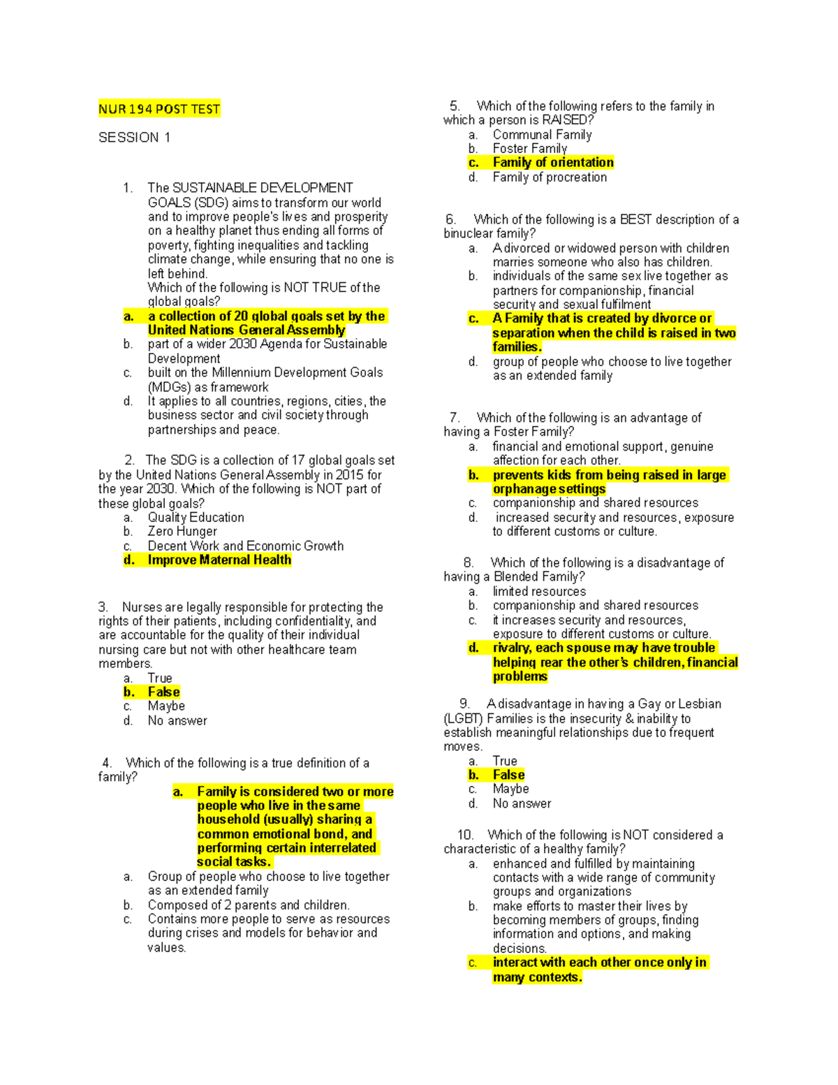 NUR 194 reviewer - ncp - NUR 194 POST TEST SESSION 1 1. The SUSTAINABLE ...