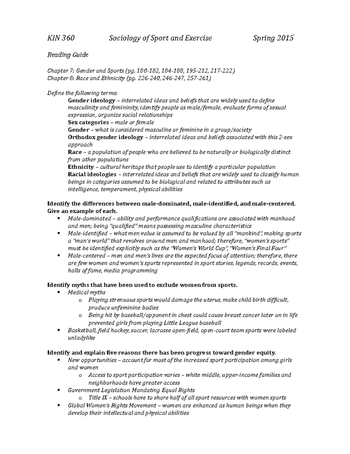 KIN 360 - Ch. 7-8 Reading Guide - KIN 360 Sociology of Sport and ...