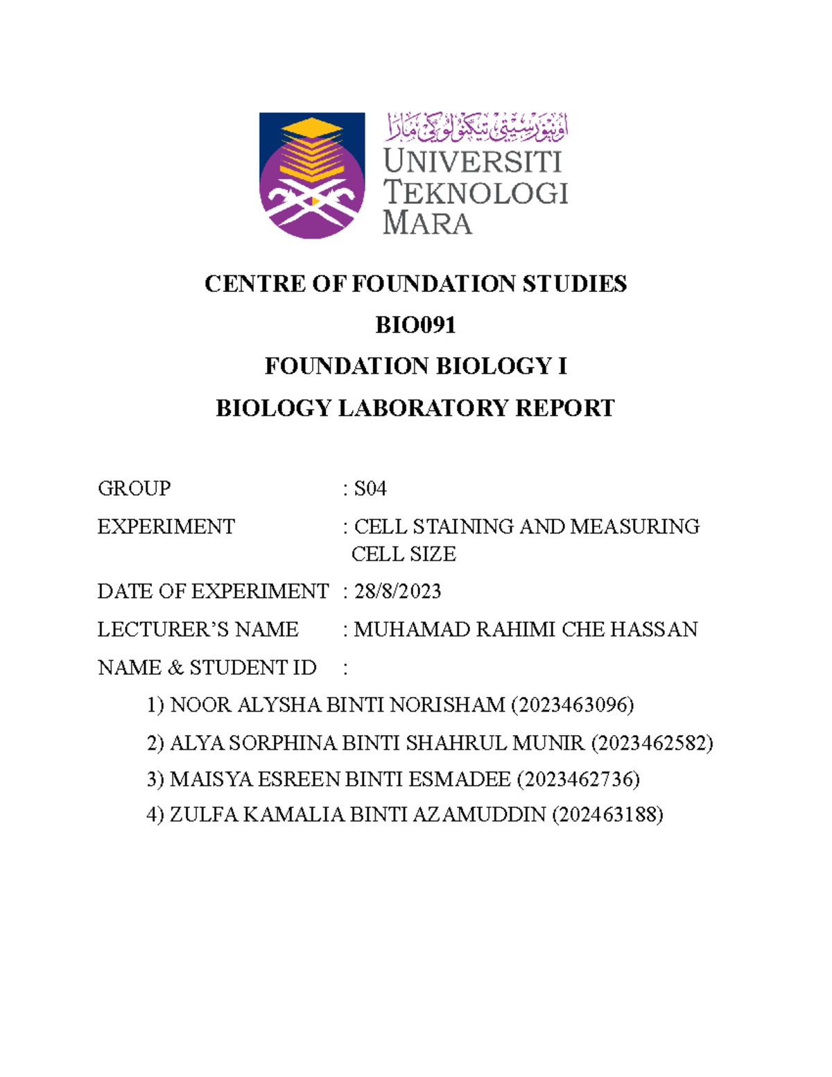 CELL STAINING AND MEASURING CELL SIZE - CENTRE OF FOUNDATION STUDIES ...