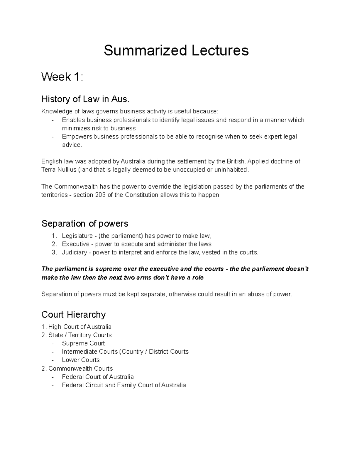 Company and Business Law - List of laws - Summarized Lectures Week 1 ...