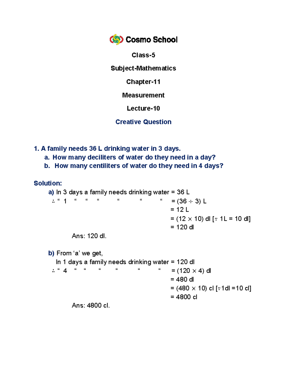 Class- 5 ,Sub - Math, Chapter- 11, Measurement, Lecture- 10 - Class ...