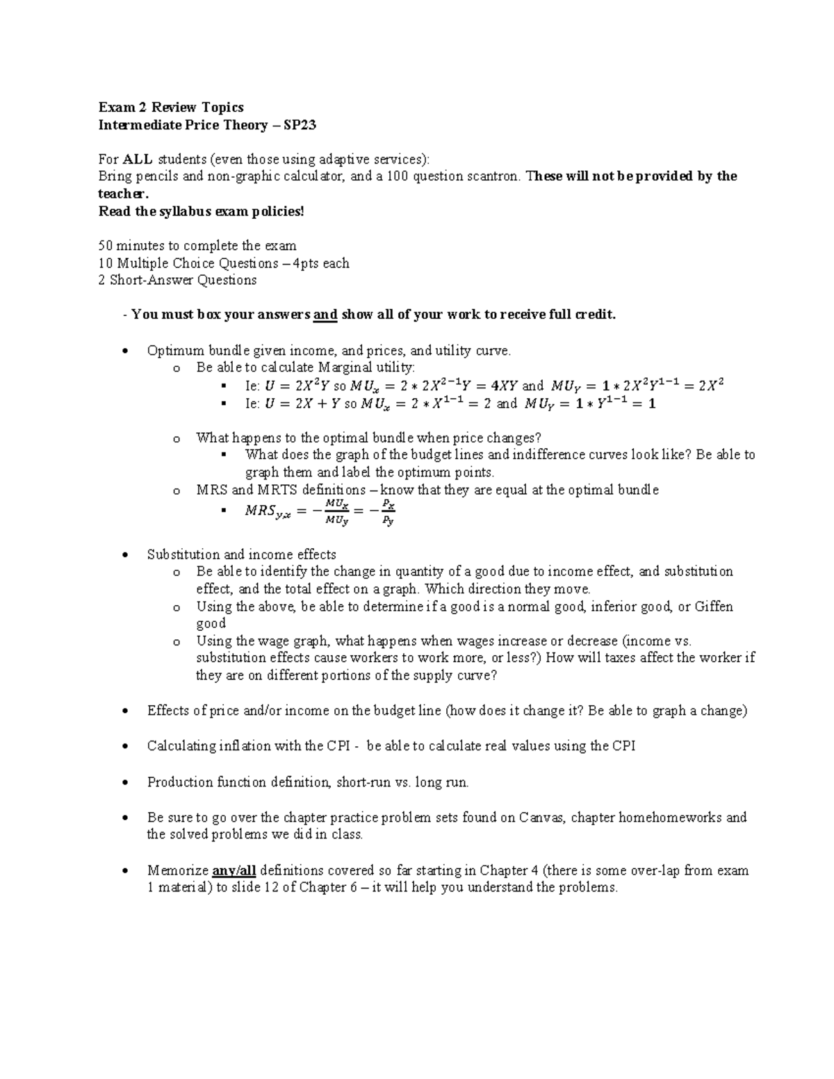 Exam 2 Review Topics - Price Theory - SP23 - Exam 2 Review Topics Intermediate Price Theory – SP ...