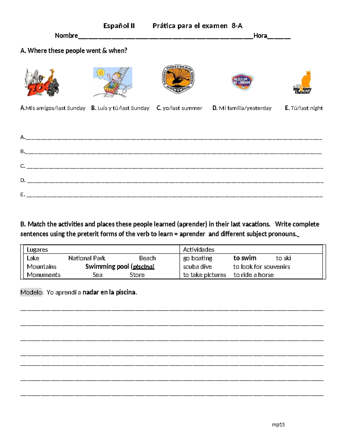 8A Practice Test - Español II Prática para el examen 8-A - Studocu