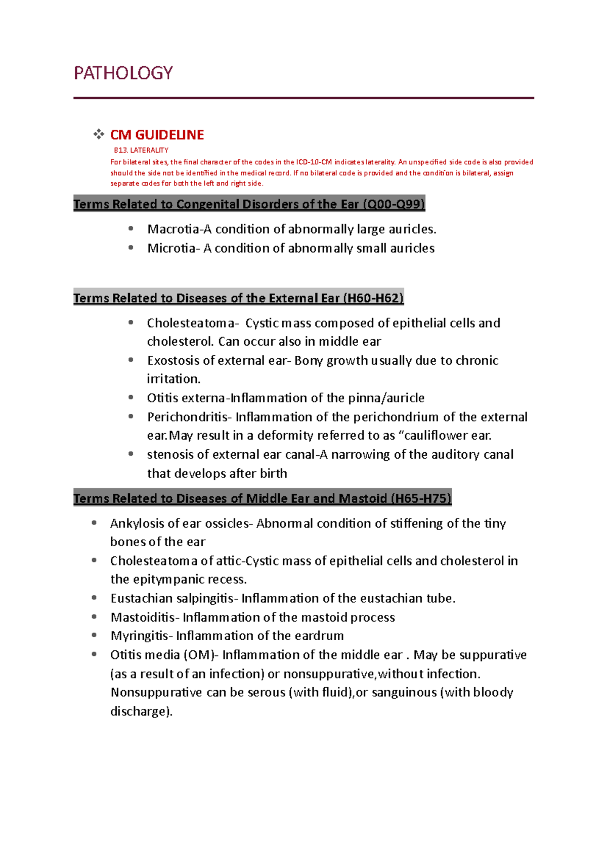 Pathology Of Ear ICD 10 CM PATHOLOGY CM GUIDELINE B13 LATERALITY For