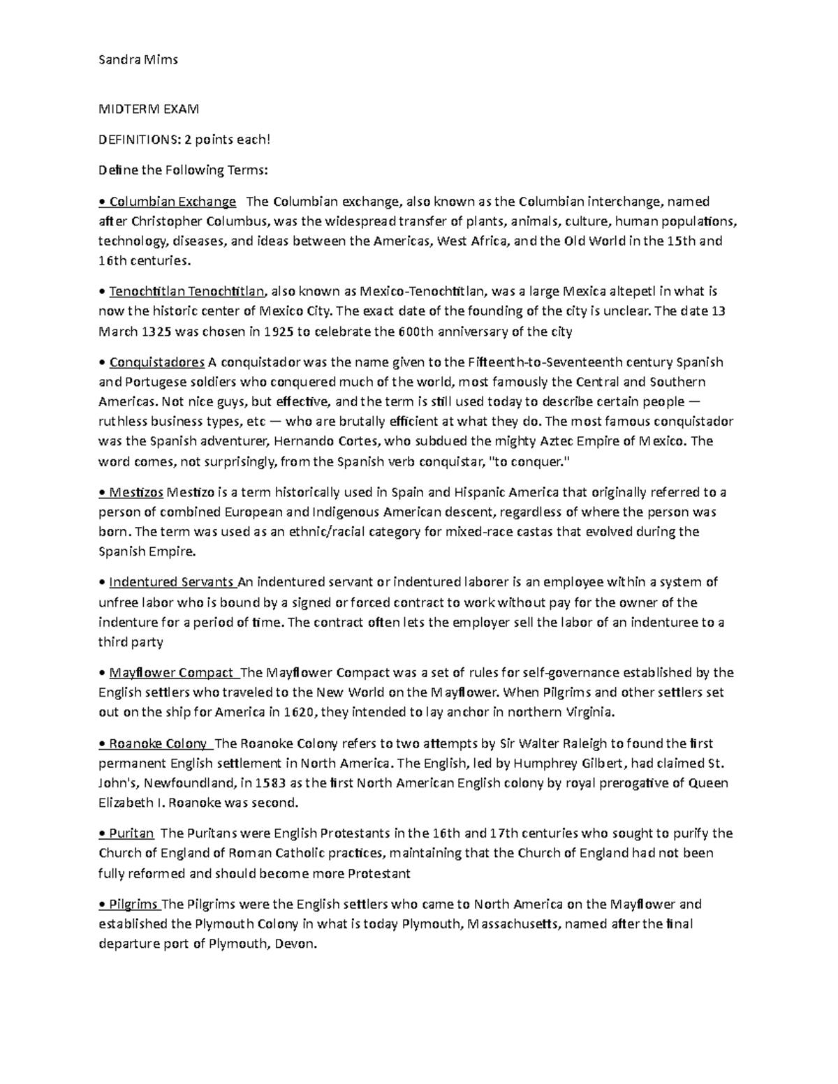 History midterm sandra mims - MIDTERM EXAM DEFINITIONS: 2 points each ...