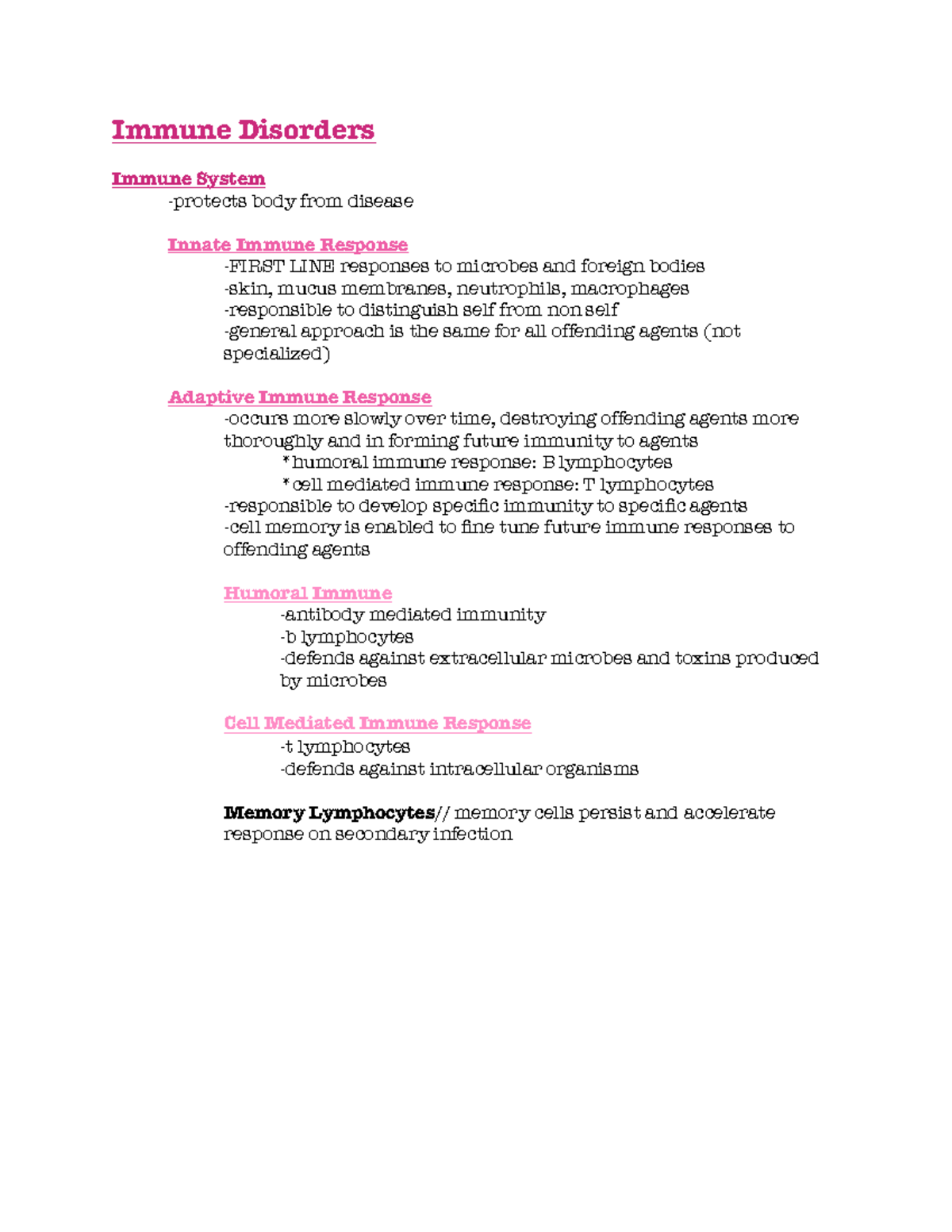 Pathophysiology Immune Notes - Immune Disorders Immune System -protects ...