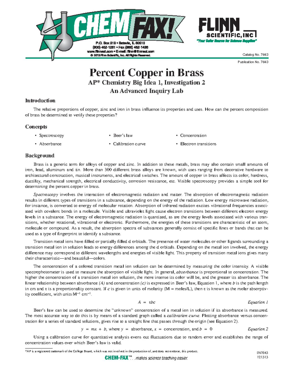450.0L.Percent-Copper-in-Brass-Flinn Sci - IN 121313 Catalog No. 7643 ...