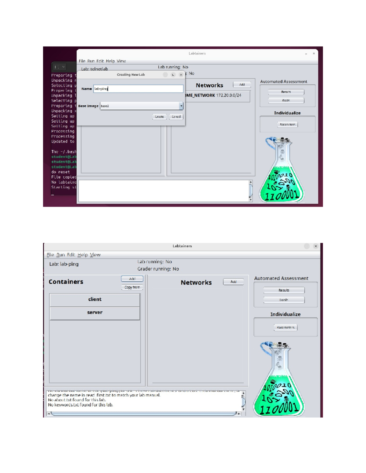 Duong 034 - Labtainers File Run Edit Help View Lab: telnetlab Lab running: No Preparing Creating ...