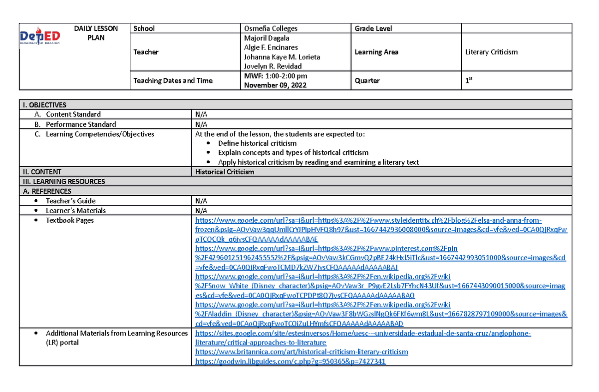 Literary- Criticism - DAILY LESSON PLAN School Osmeña Colleges Grade ...