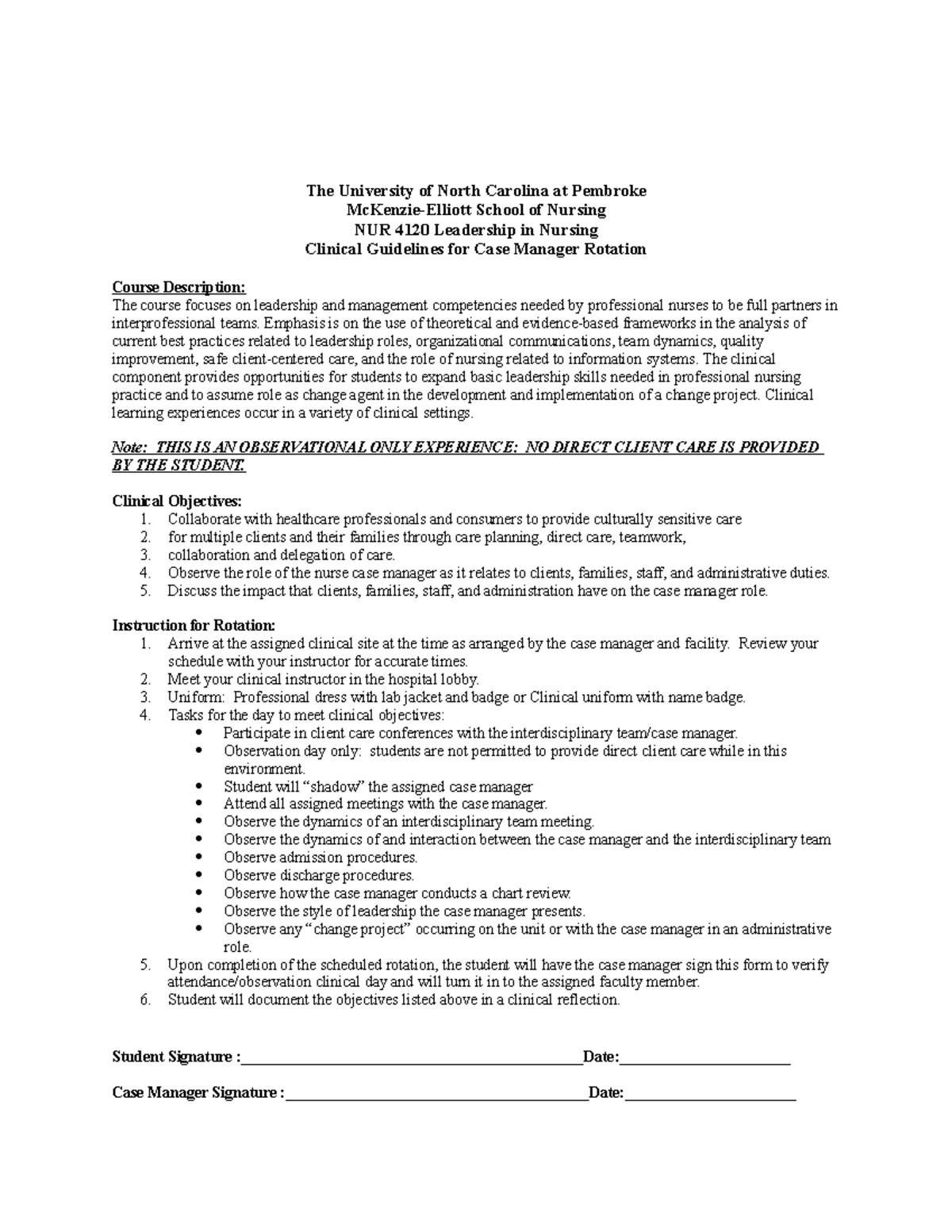 NUR 4120 Case Management Clinical Objectives - The University of North ...