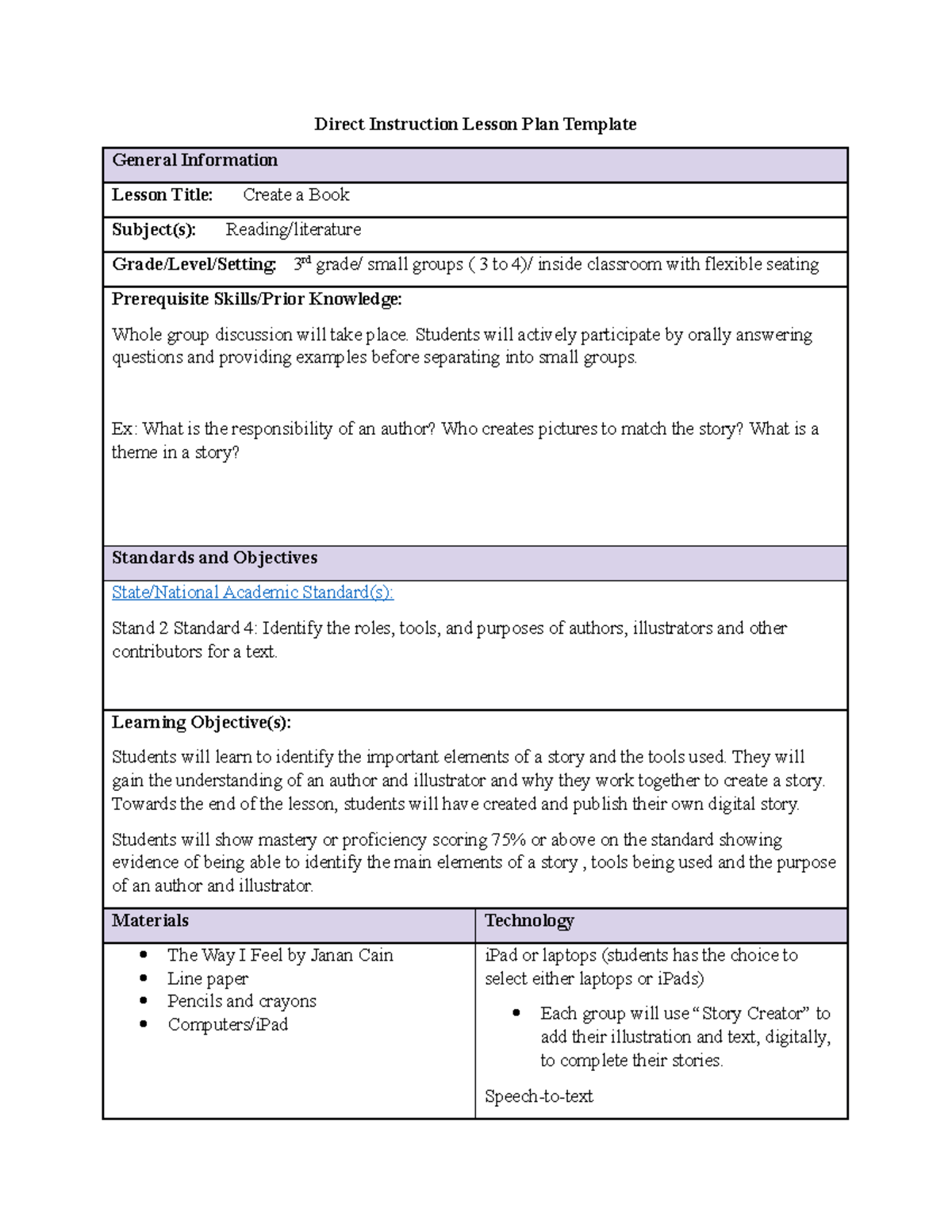 Reading Direct Instruction Lesson Plan - Direct Instruction Lesson Plan ...
