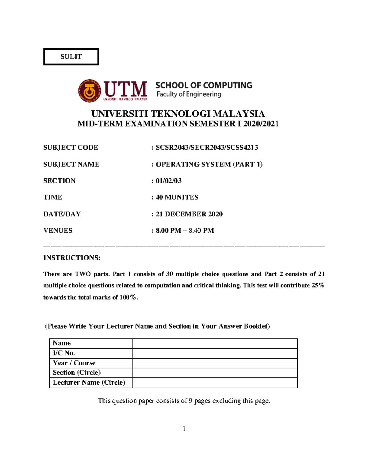 Mid Test Part 1 Set C - test2 file for operating system course utm ...