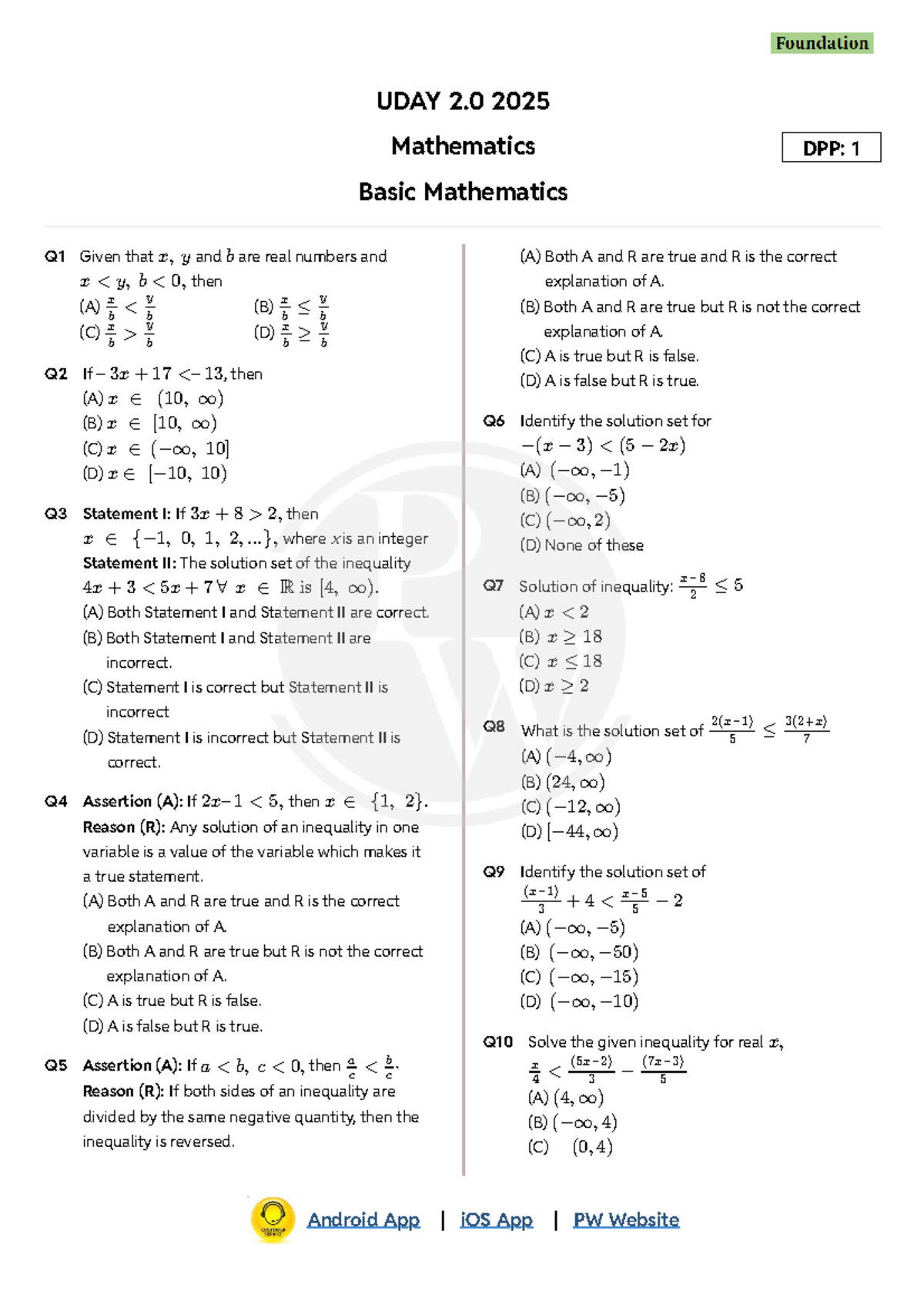 Basic Mathematics DPP 01 Uday 2.0 2025 - Q1 Given that and are real numbers and then (A) (B) (C ...