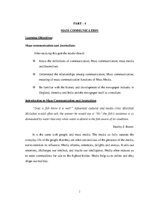 Basics of Journalism- Lecture notes 1 - PART – I MASS COMMUNICATION ...