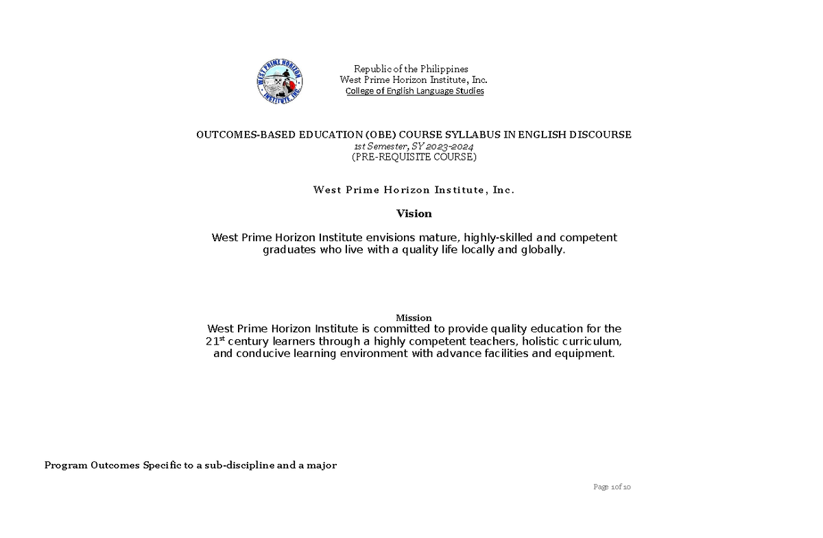 ELS 110 Syllabus - Republic of the Philippines West Prime Horizon ...