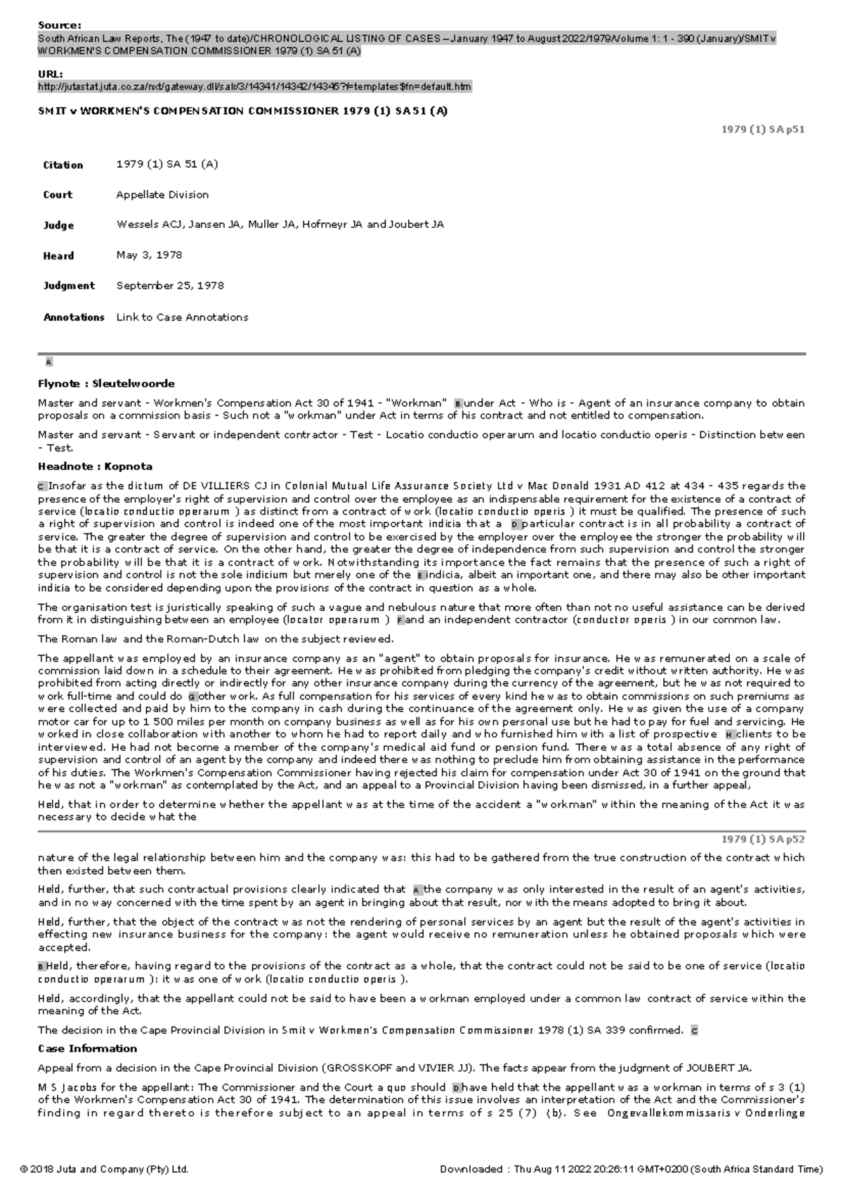 SMIT v Workmen'S Compensation Commissioner 1979 (1) SA 51 (A) - - Studocu