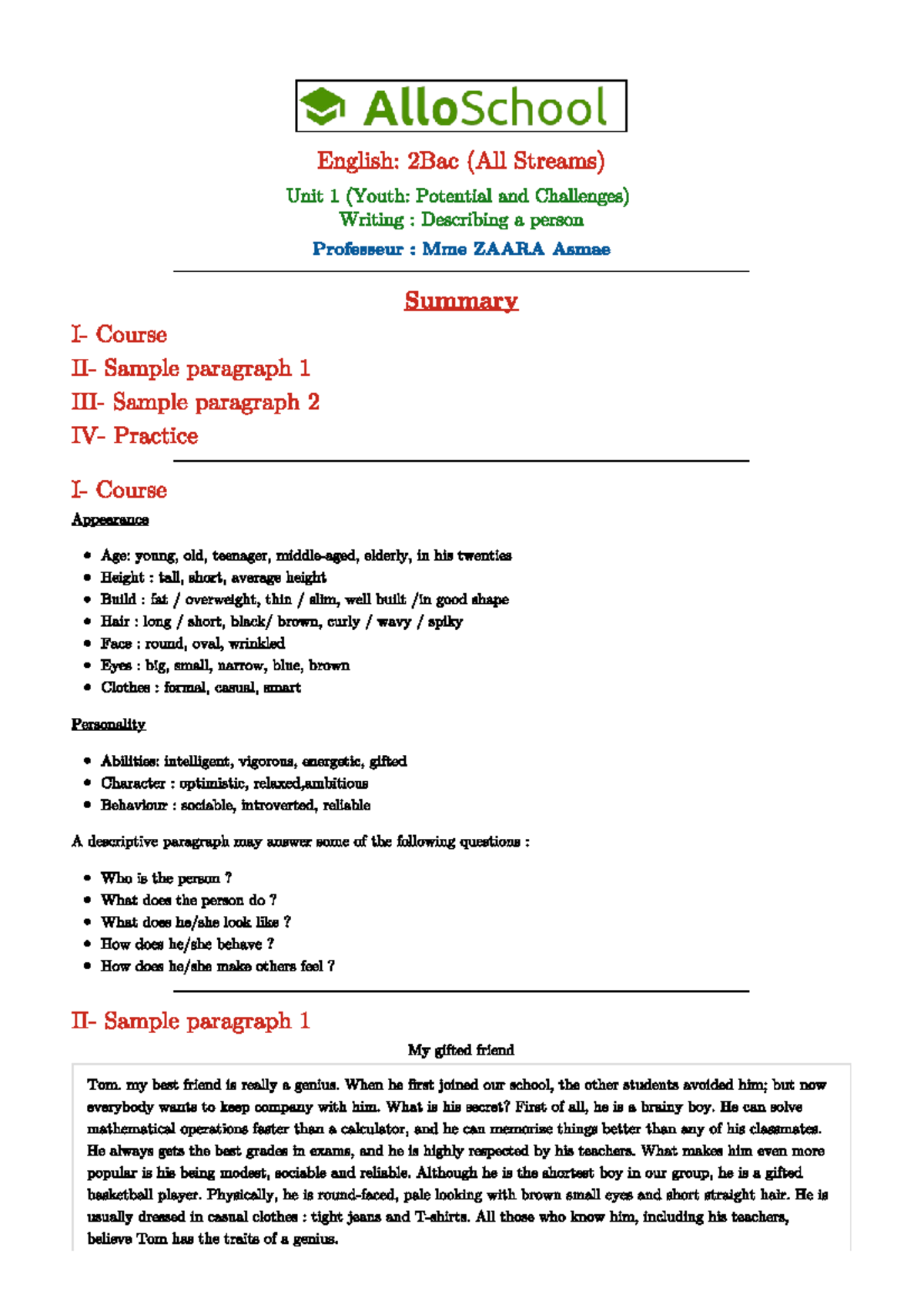 Writing 1 describing a person - English - Studocu