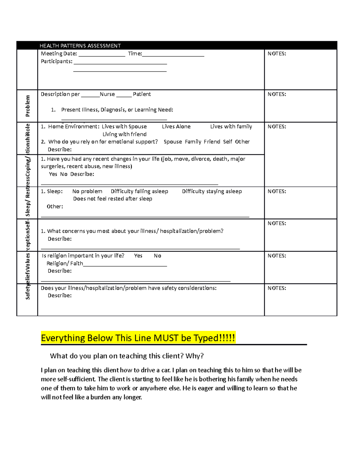 Updated Developmental Teaching Assignment - HEALTH PATTERNS ASSESSMENT ...