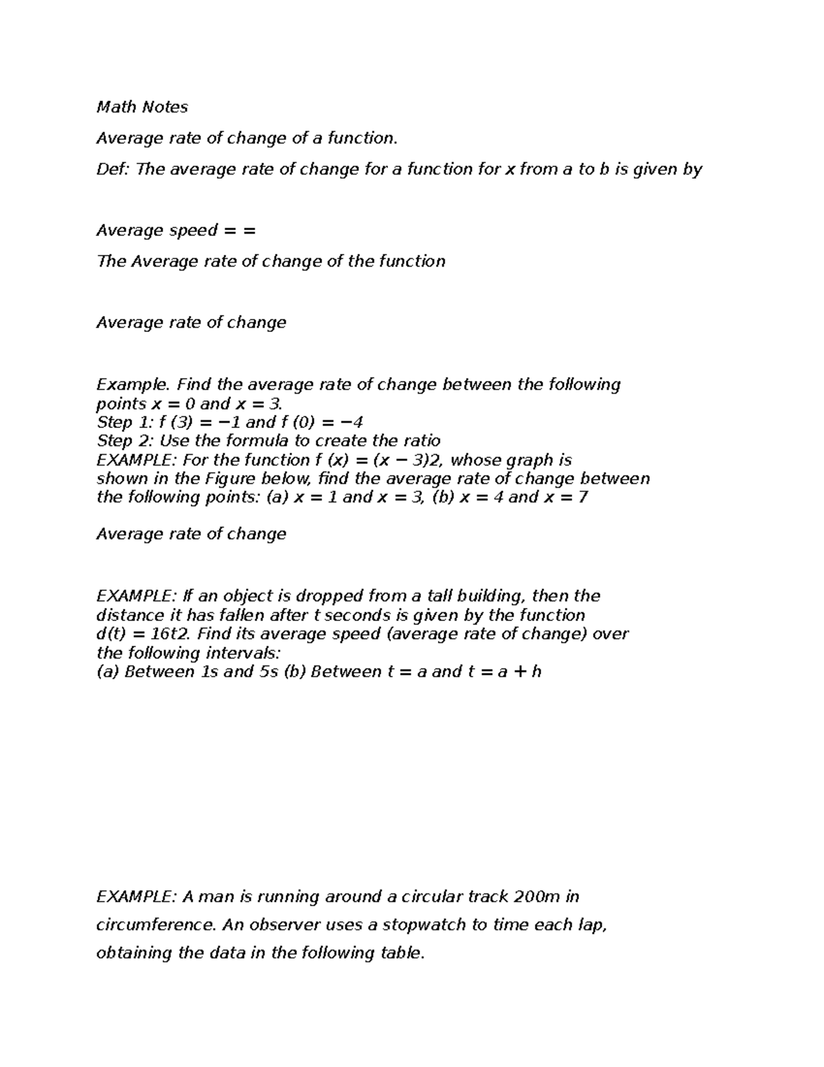 Math Notes for semester - Math Notes Average rate of change of a ...