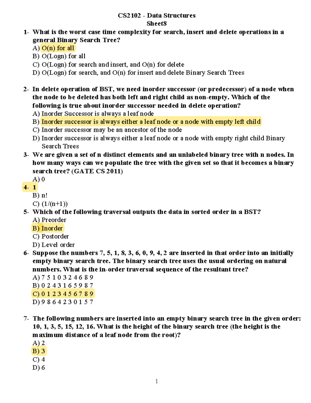 Sheet 8 solution - 1 CS2102 - Data Structures Sheet 1- What is the worst case time complexity ...