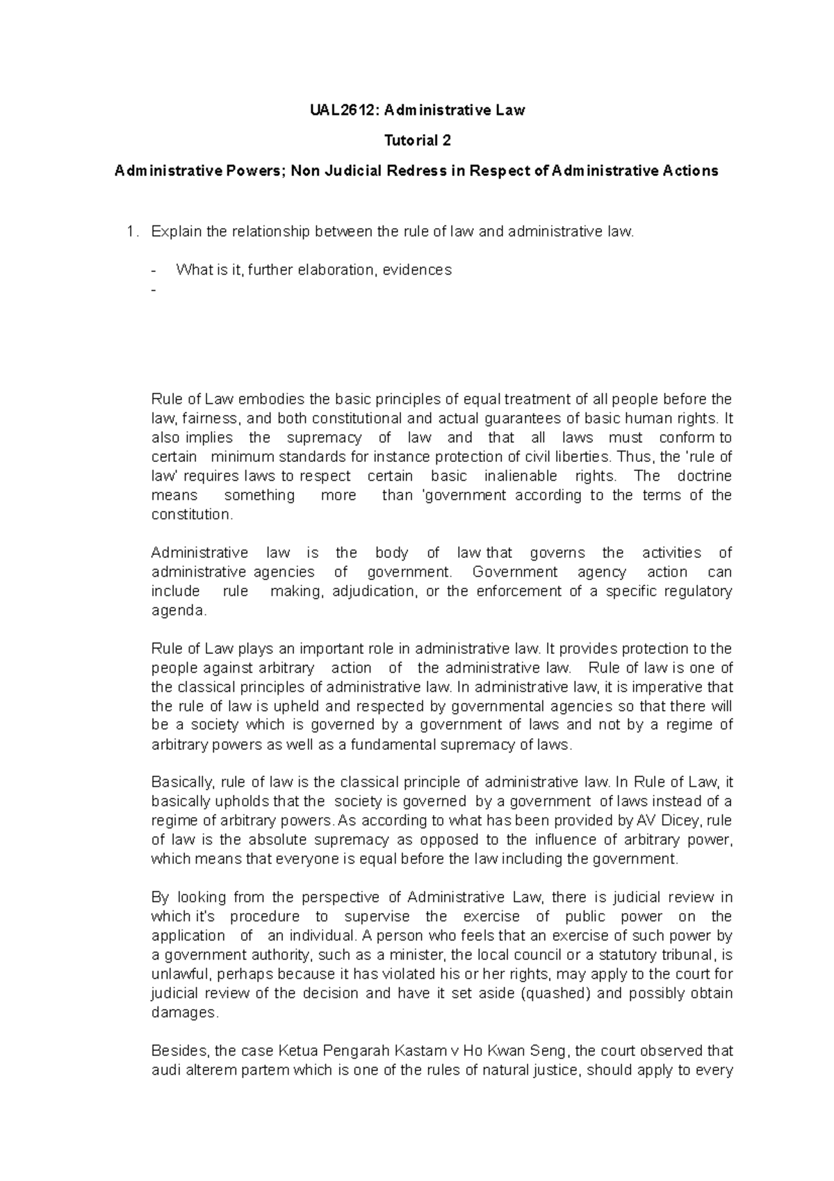Tutorial 2 UAL2612 2230 - UAL2612: Administrative Law Tutorial 2 Administrative Powers; Non ...