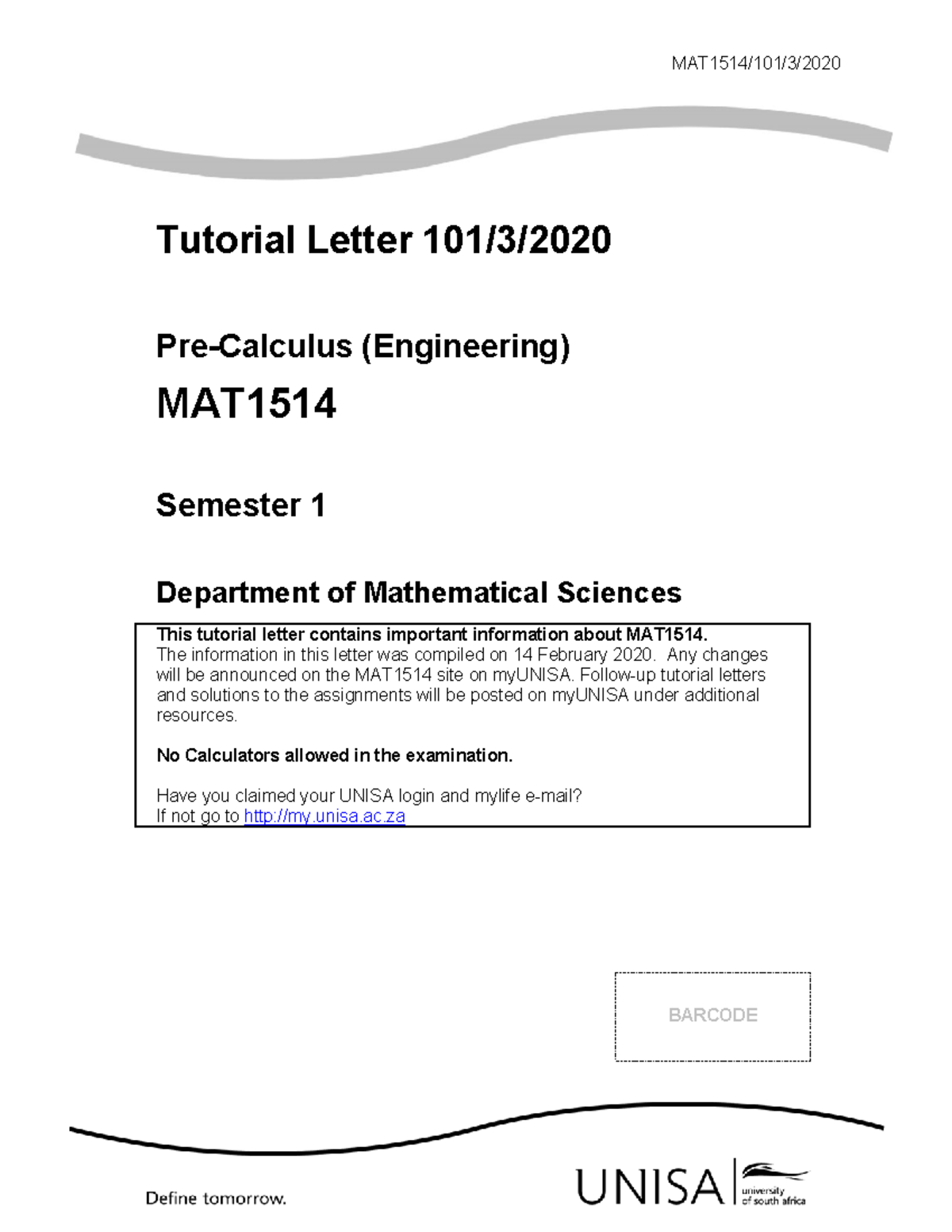 Mat1514 101 2020 Calculus Warning Tt Undefined Function 32 Mat15141013 Tutorial Letter