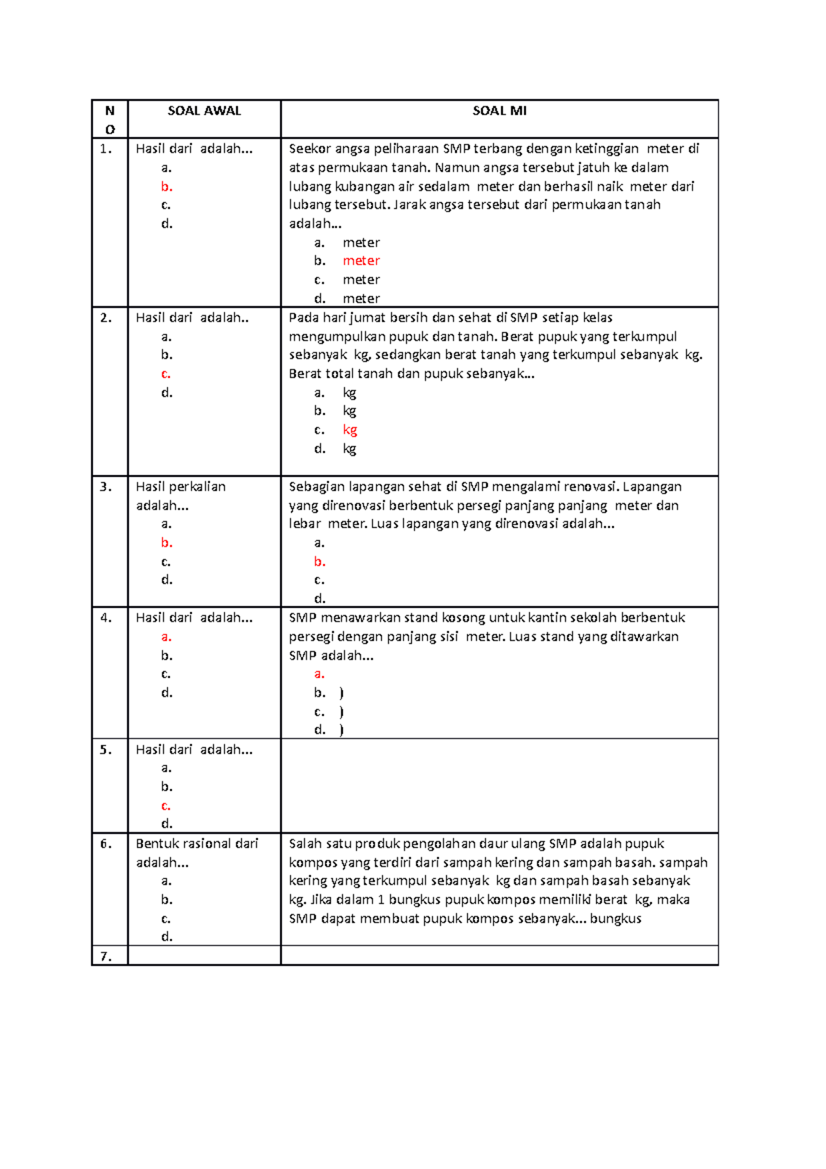 SOAL MTK MI - soal matematika akar dan kuadrat - N O SOAL AWAL SOAL MI ...