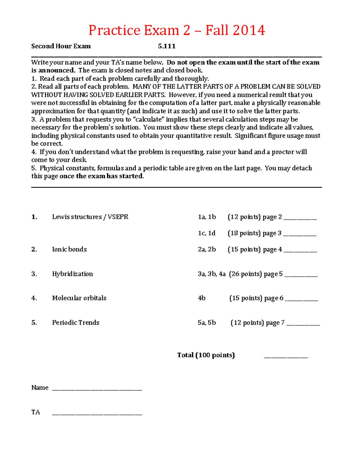 Practice Exam 2 - past paper - Practice Exam 2 – Fall 2014 Second Hour ...
