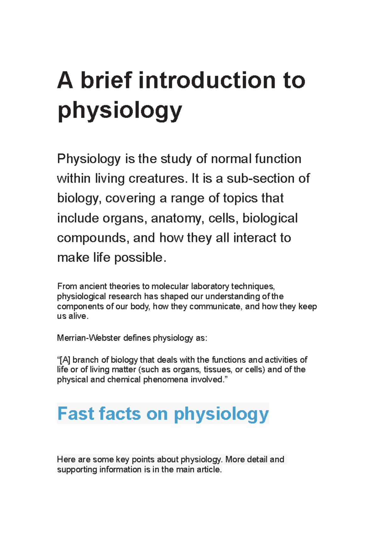 A brief introduction to physiology - A brief introduction to physiology ...