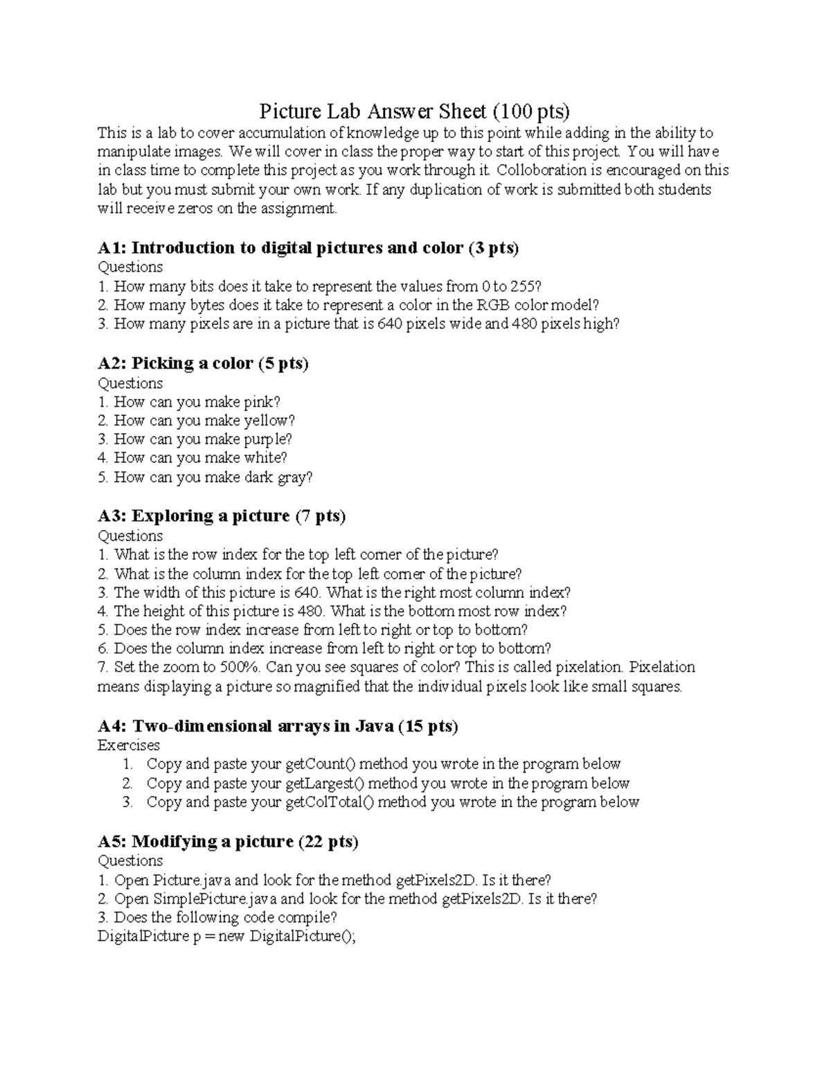 Picture Lab Answer Sheet Revised S23 - Picture Lab Answer Sheet (100 ...