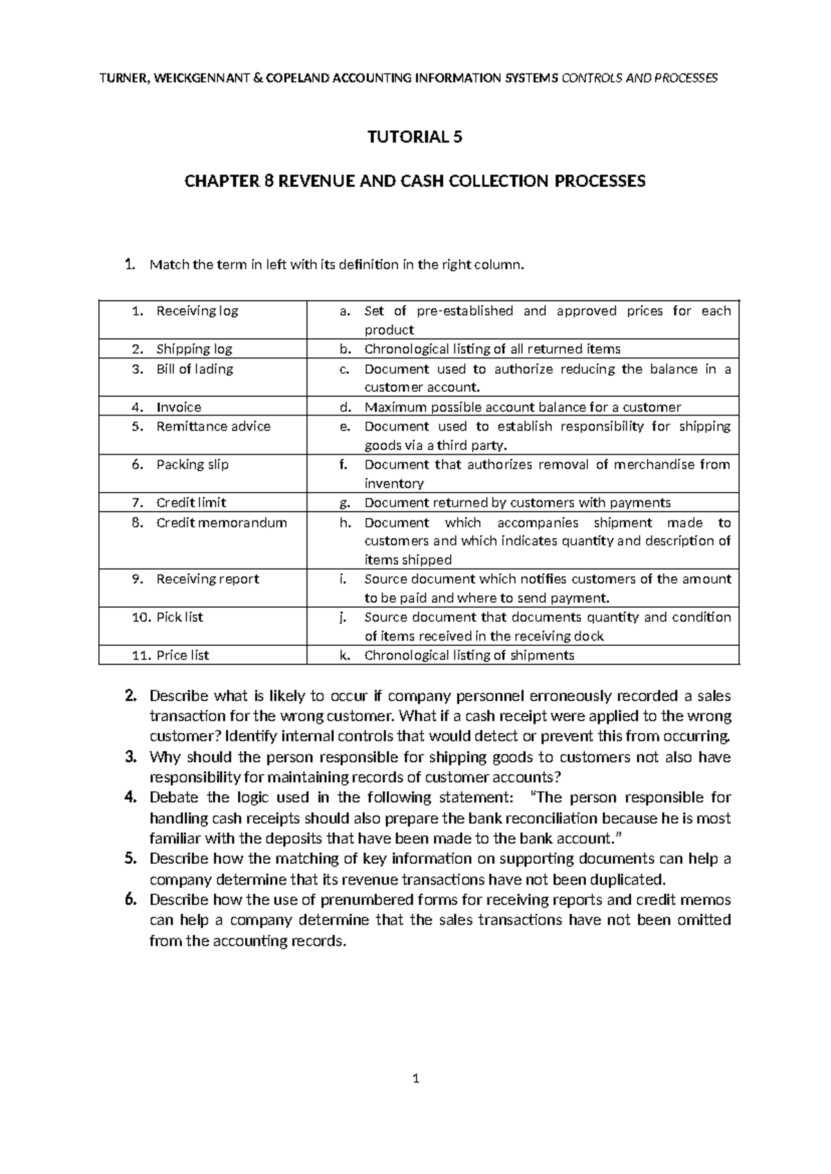 AIS Tutorial Chapter 8 - TUT - TURNER, WEICKGENNANT & COPELAND ACCOUNTING INFORMATION SYSTEMS ...