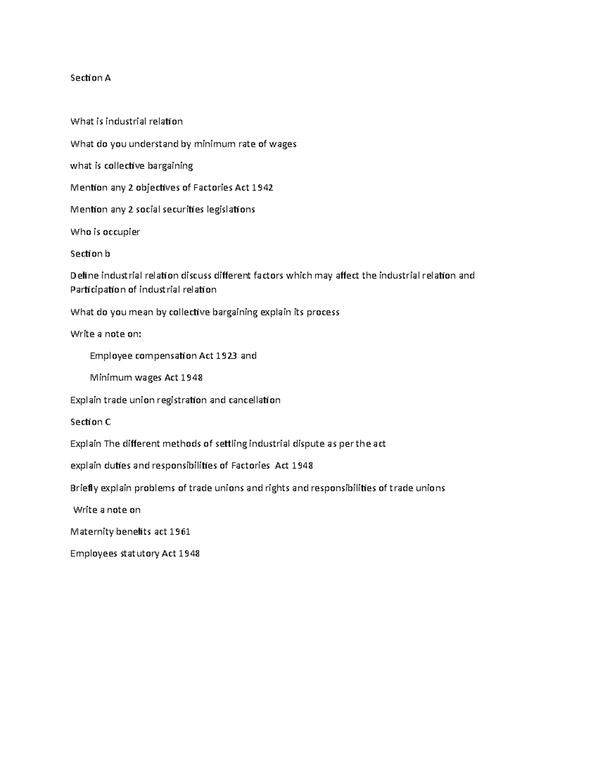 IREL QP - IREL questions paper - Section A What is industrial relation ...