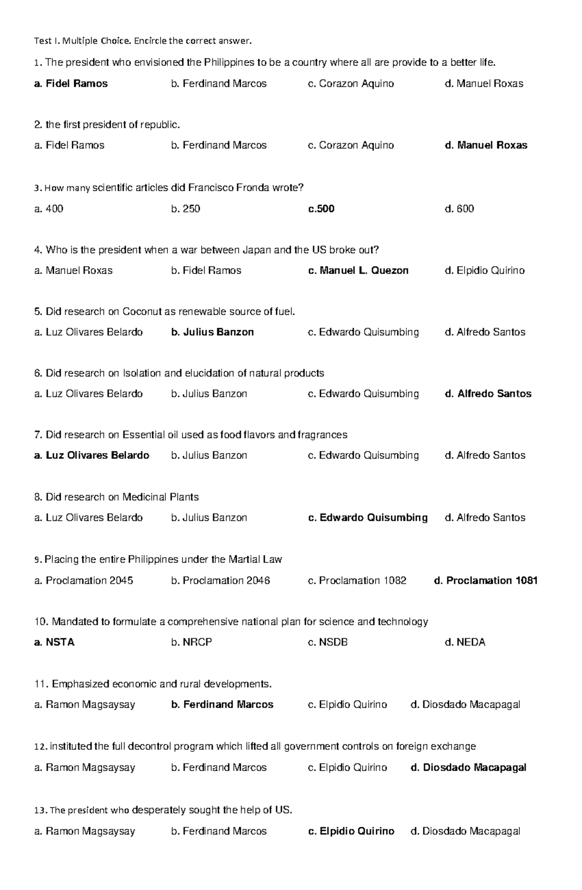 Science, Technology AND Society Q&A - Test I. Multiple Choice. Encircle ...