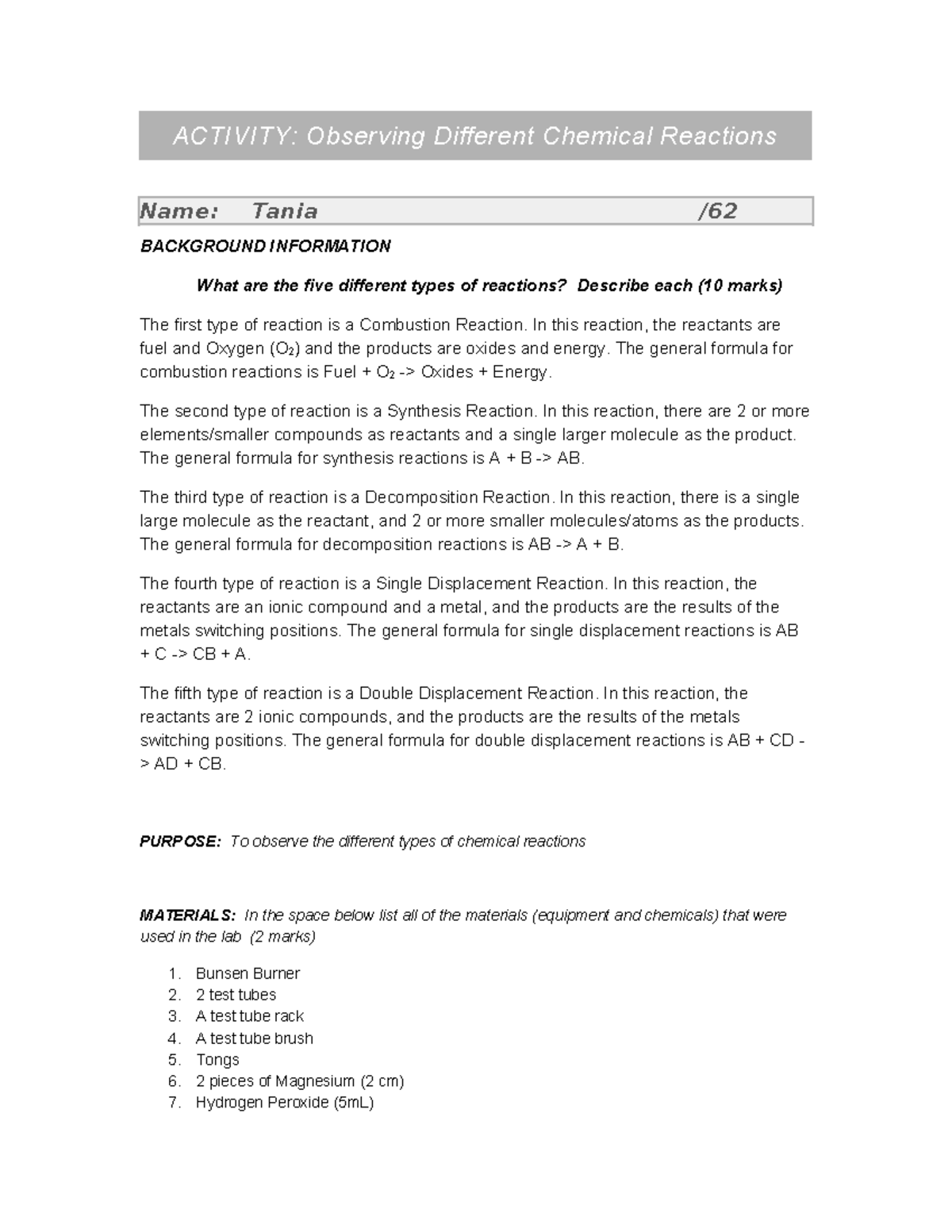 Lab - Types of Reactants - ACTIVITY: Observing Different Chemical ...