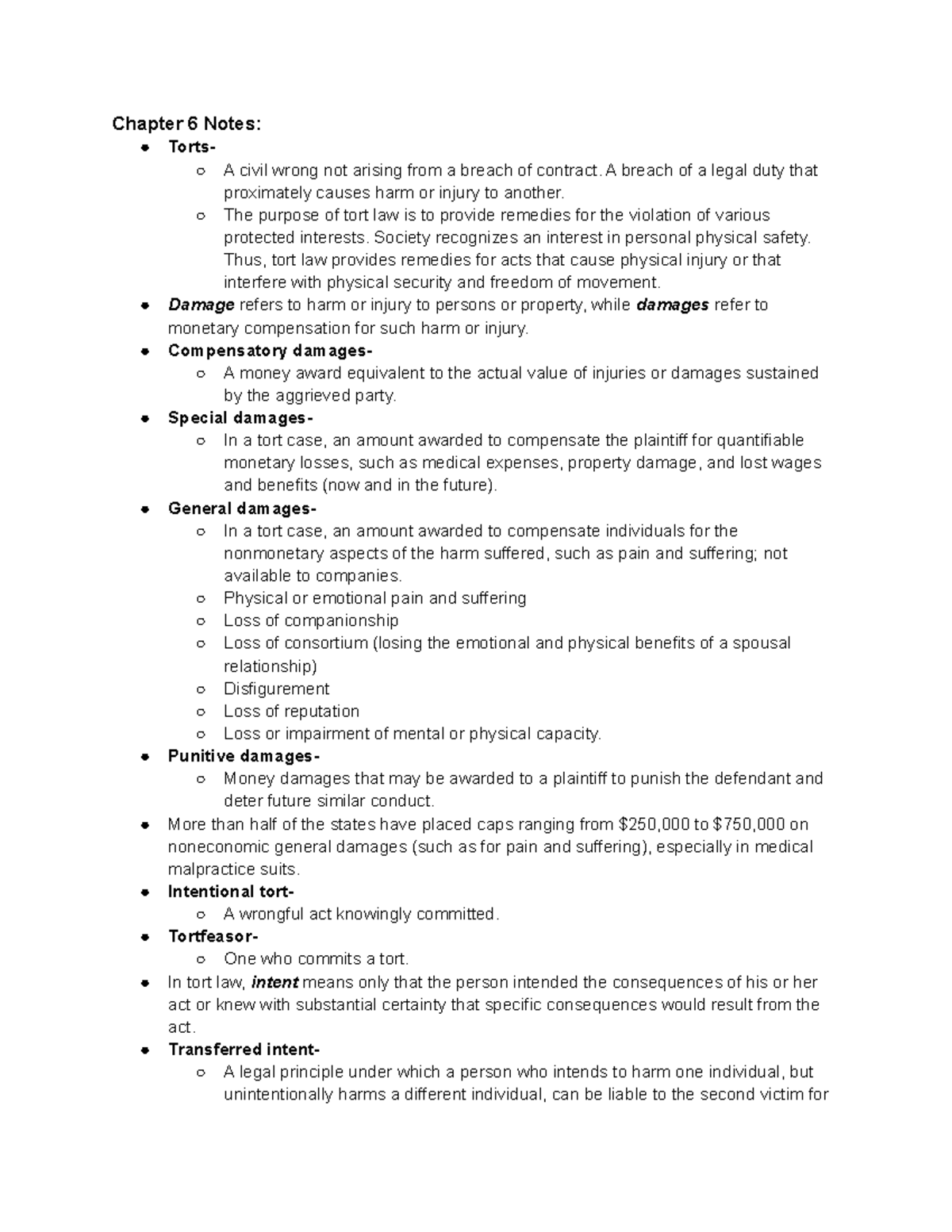 Chapter 6 Reading Notes - Chapter 6 Notes: Torts- A civil wrong not ...