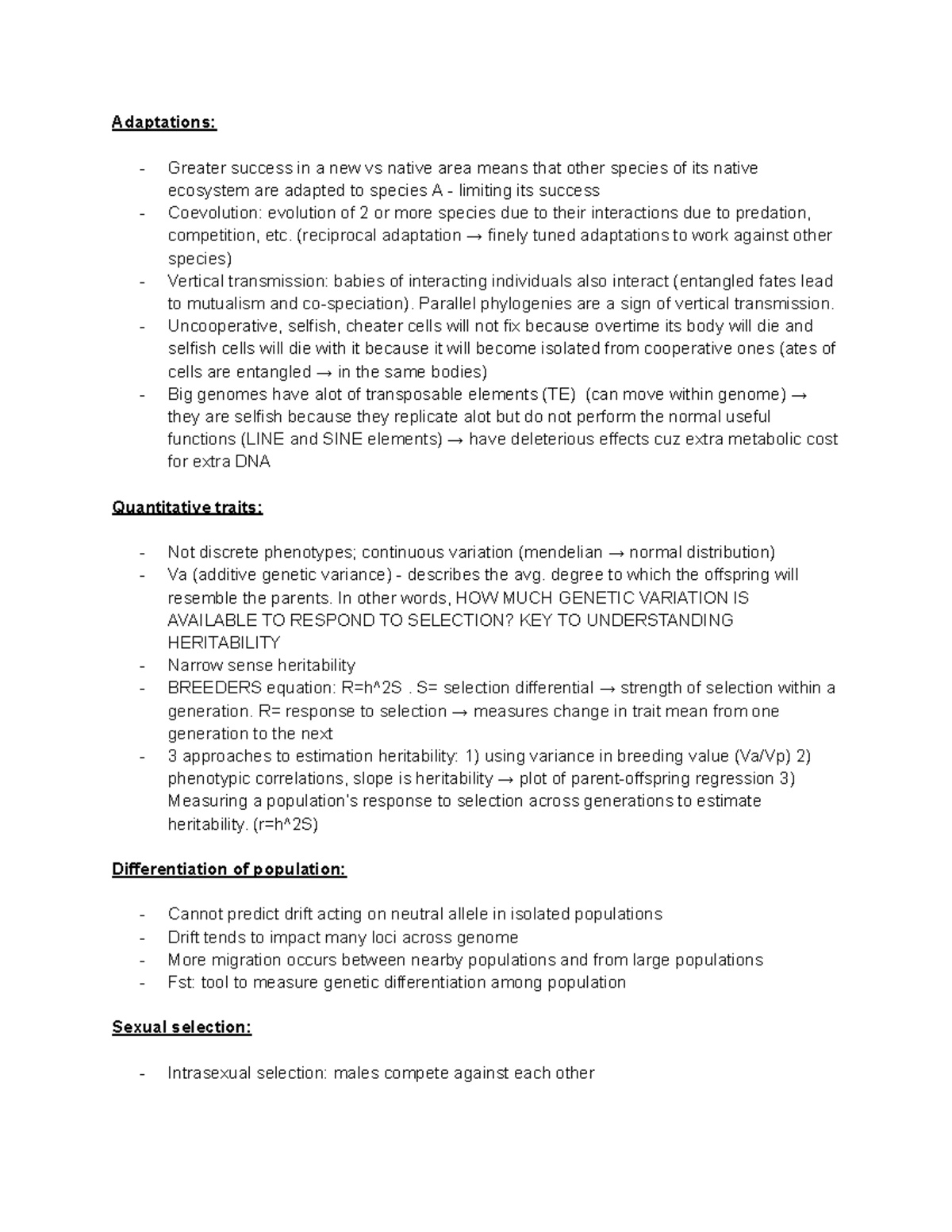 BIOL 336 Final Exam Notes - Adaptations: Greater success in a new vs ...