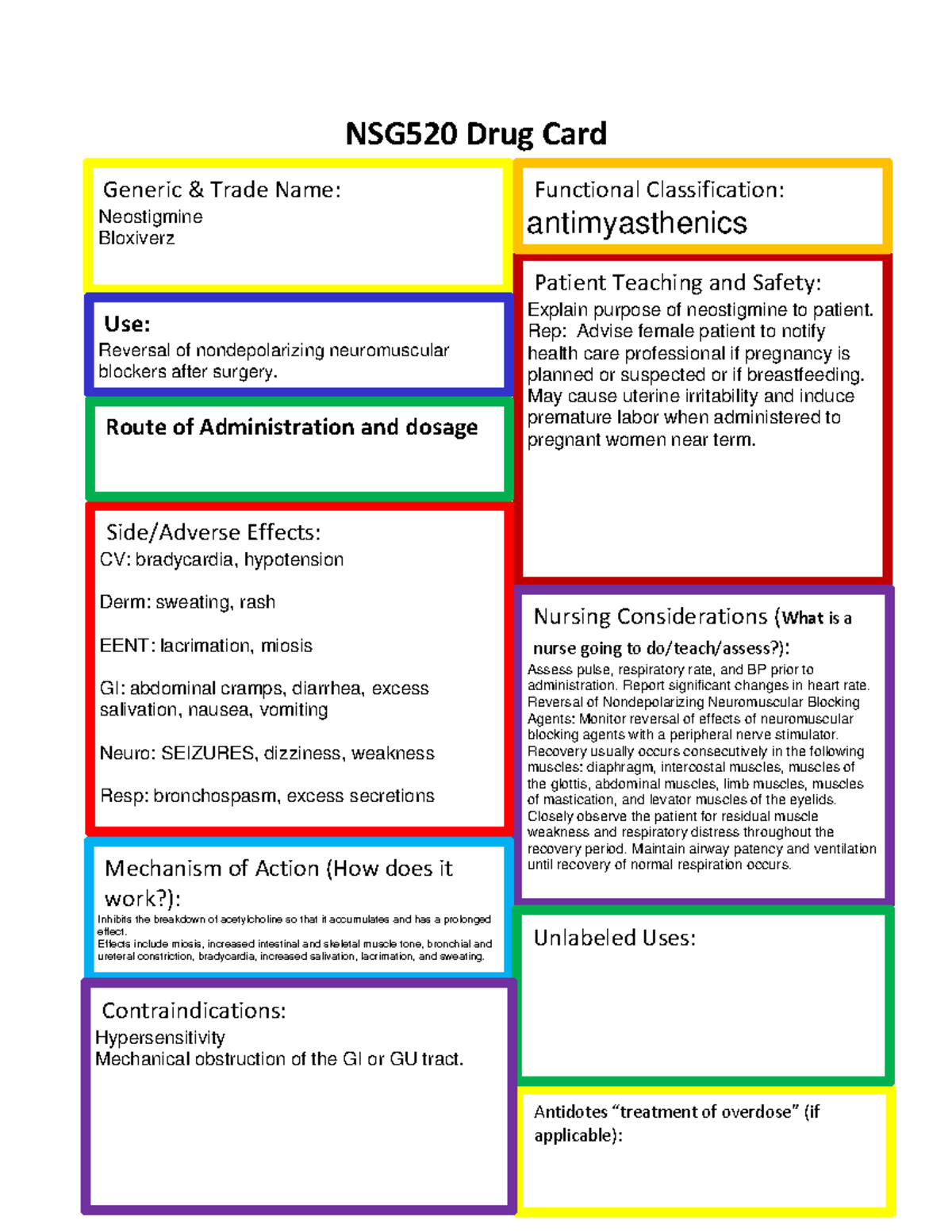 Neostigmine - Filled Out Drug Card - NSG520 - NSG 520 Drug Card Patient ...