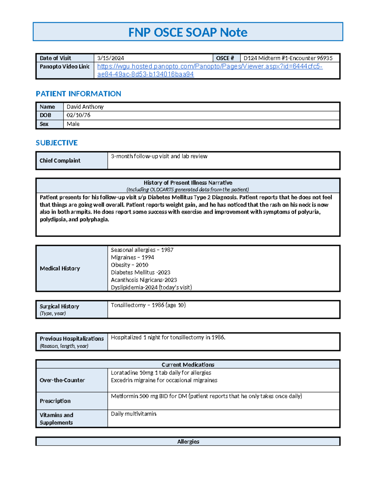 OSCE D124 Midterm DM DLD - FNP OSCE SOAP Note Date of Visit 3/15/2024 ...