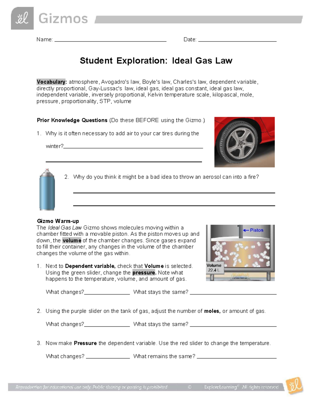 12.z Gizmo 2 Ideal Gas Law - Name: Date: Student Exploration: Ideal Gas ...