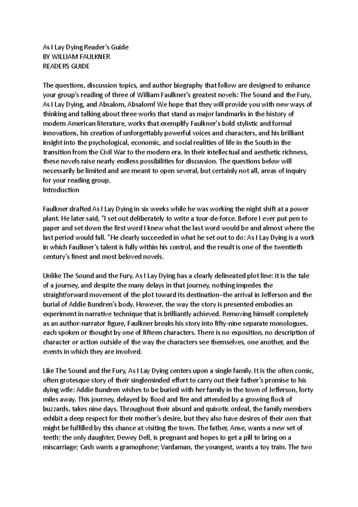 As I Lay Dying - Summary - As I Lay Dying Guide WILLIAM FAULKNER ...